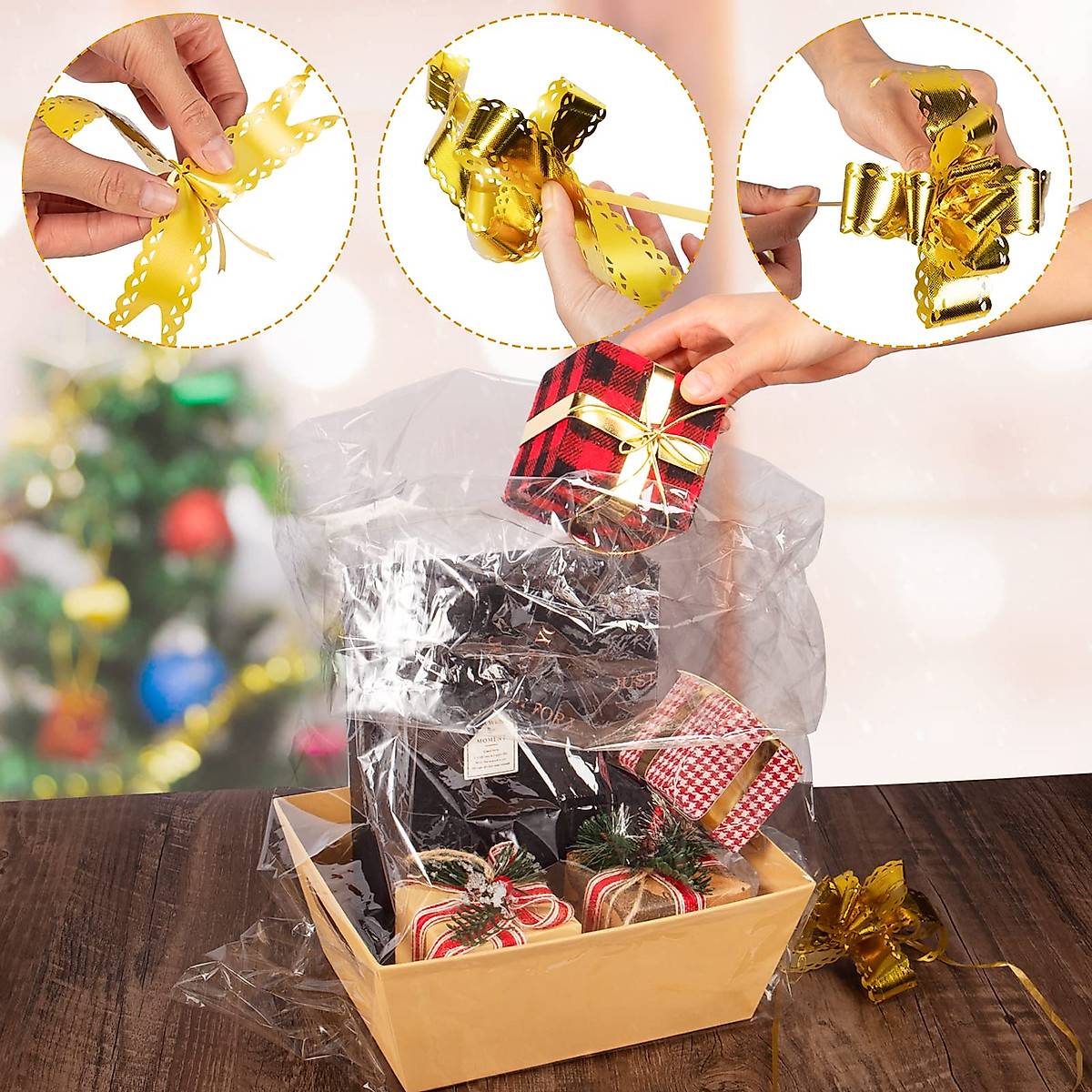 6 Pack Baskets for Gifts Empty- Large Sturdy Kraft Gift Basket Kit with Pull Bows and Clear Gift Bags for Christmas Wedding Birthday Party Gift Wrapping