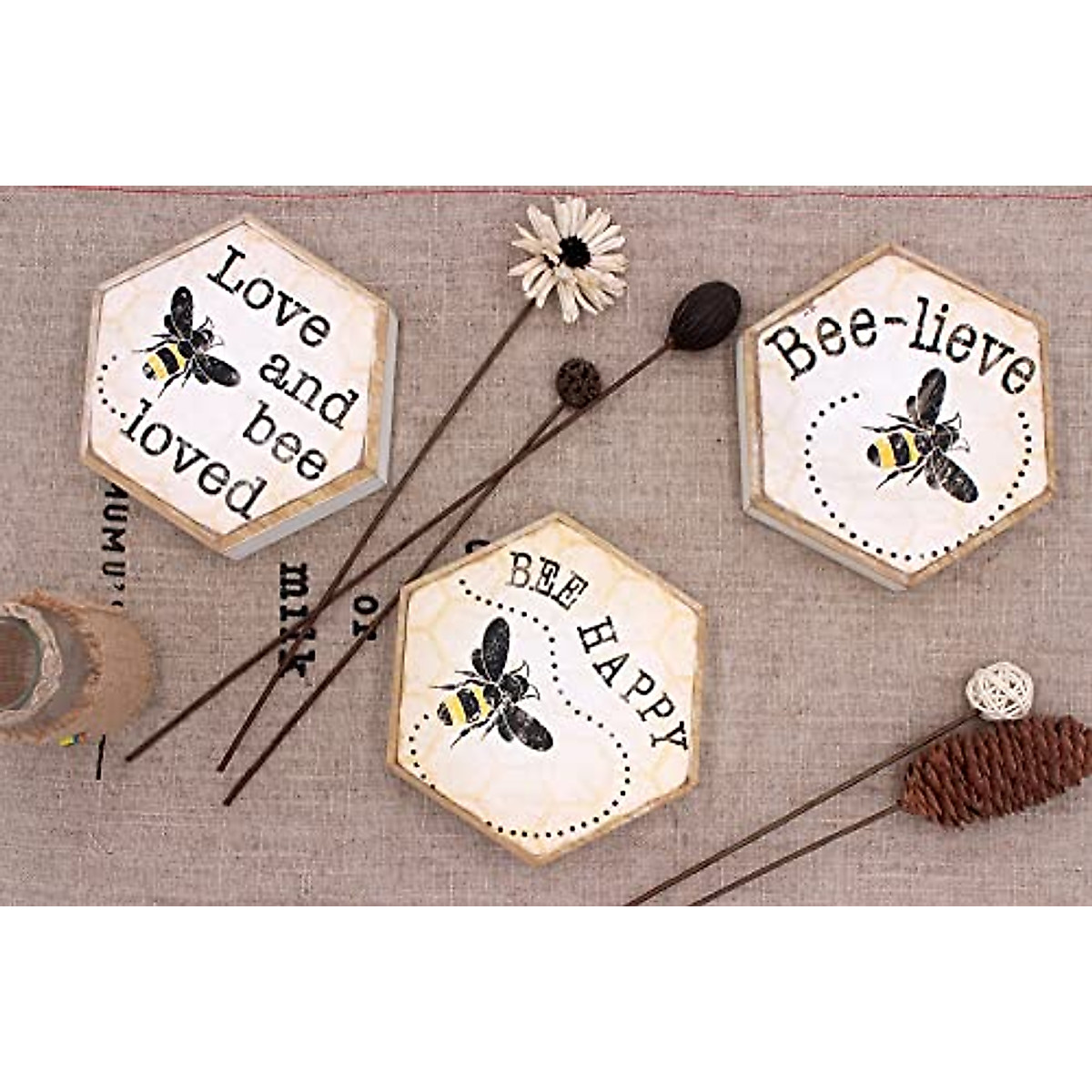 Tstarer Rustic Bee Wood Hexagon Box Sign for Wall & Tabletop - Love and Bee-loved -6.4 x 5.5 in(BEE LOVED)
