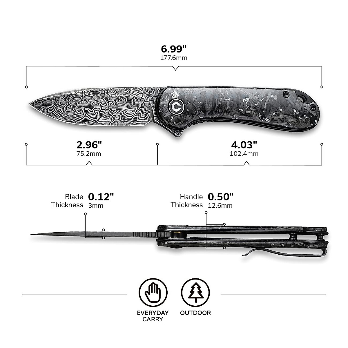 CIVIVI Elementum Folding Pocket Knife for Men, 2.96" Damascus Blade Folder with Low Profile Pocket Clip for EDC C907C-DS2