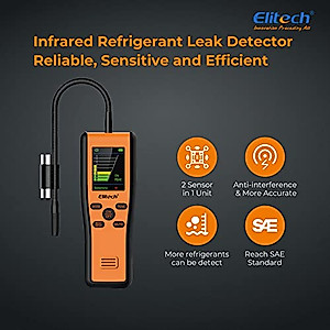 Elitech Refrigerant Leak Detector, Infrared & Heated Diode Sensors in 1 Unit, HVAC Halogen Gas Sniffer, Anti-interference, Reach SAE Standards, IR-200
