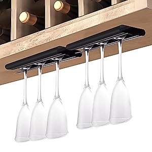 AQJUNONG Wine Glass Holder Under Cabinet，Aluminum Wine Glass Rack 2 Pack, Under Cabinet Wine Glass Holder, Under Shelf Mounted Stemware Rack for Bar Kitchen, Hanging Stemware Rack.（Black）
