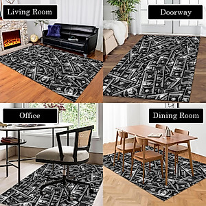 DVKKHD 100 Dollar Bill Area Rug 4x6 Black and White Living Room Rugs Non Skid Modern Money Carpet for Bedroom Cash Art Cool Rugs Room Decorations Office Entryway Dining Room Washable Rug 47”x71”