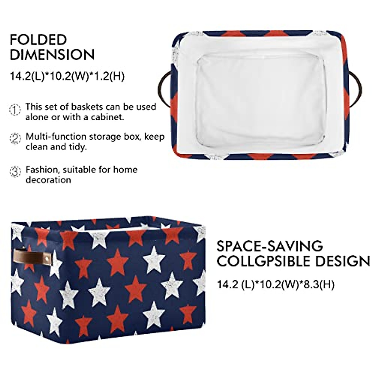 Patriotic Stars Memorial Independence Day Storage Basket Fabric Storage Bin American Flag Fourth of July Foldable Storage Boxes for Baby Cloth Dog Toy Book Storage Cubes Shelf Closet Basket 16×12×8