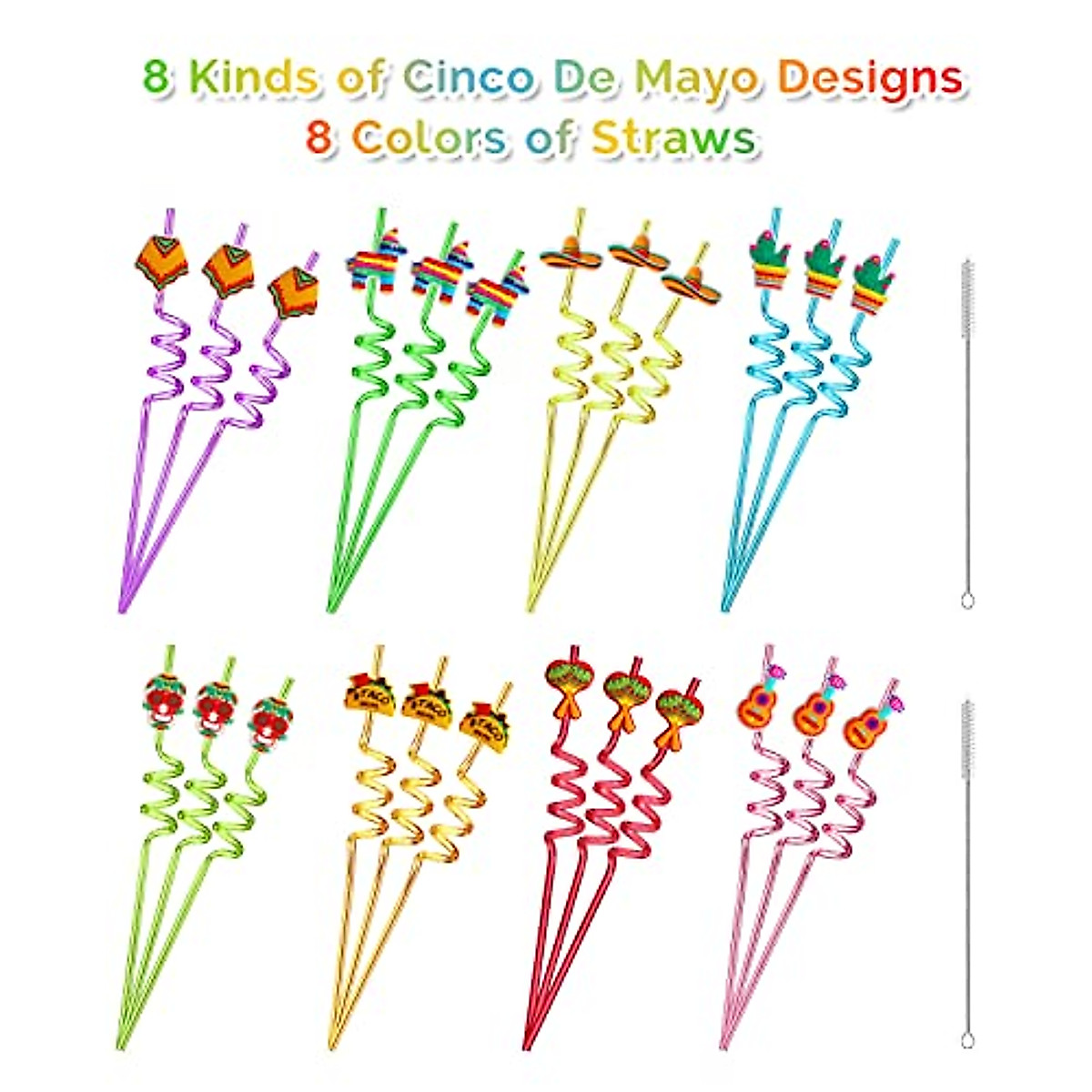 24 Mexican Fiesta Party Favors, Drinking Straws for Mexican Party Favors, Cinco De Mayo Party Favors for Kids, Taco Party Supplies with 2 Cleaning Brush