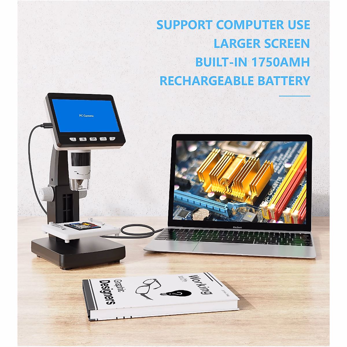 LCD Microscope 4.3" IPS Screen, 1080P Digital Stand Microscope Inspetion Camera, 8 LED Lights, 50x-1000x Magnification, USB Electron Microscopes Compatible with Computer