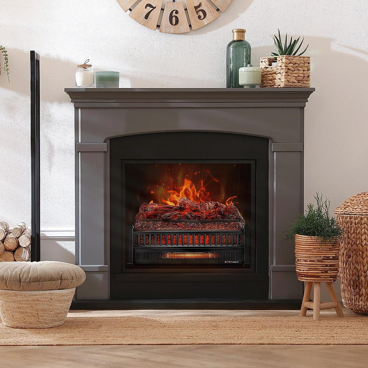 23 inch Electric Fireplace Heater Portable for Indoor, Living Room, Large Room, Logs with Lights, 3D Flame Effects, Adjustable Brightness, Timer, Remote Control,1400W