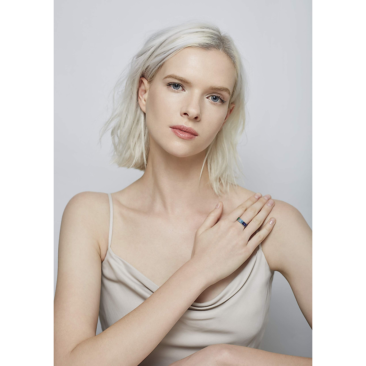 KIERA COUTURE Multicolored Princess Baguette Sterling Silver Band Ring Size 6 - Rainbow