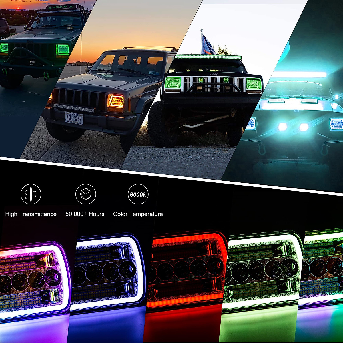 Nicoko H6054 Led Headlights 5x7 7x6 Led Headlamp High/Low Sealed Beam with RGBW Halo Function for Wrangler Cherokee YJ XJ Ford E250 GMC Dodge Truck Van with H4 Plug pack 2