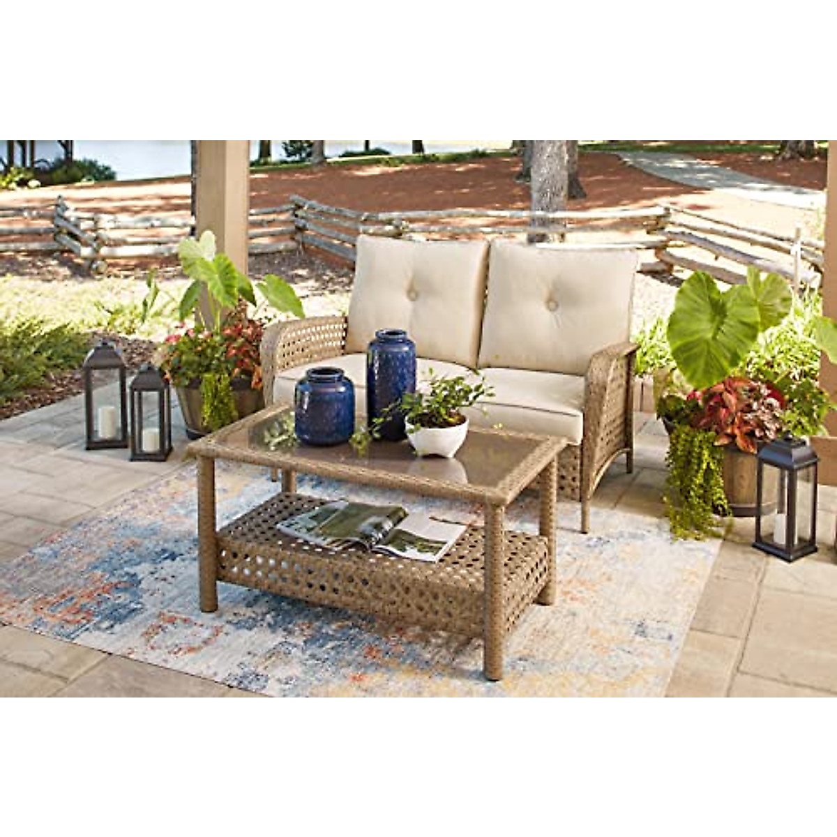 Signature Design by Ashley Braylee Outdoor 2 Piece Patio Driftwood Resin Wicker Cushioned Loveseat and Table, Rustic