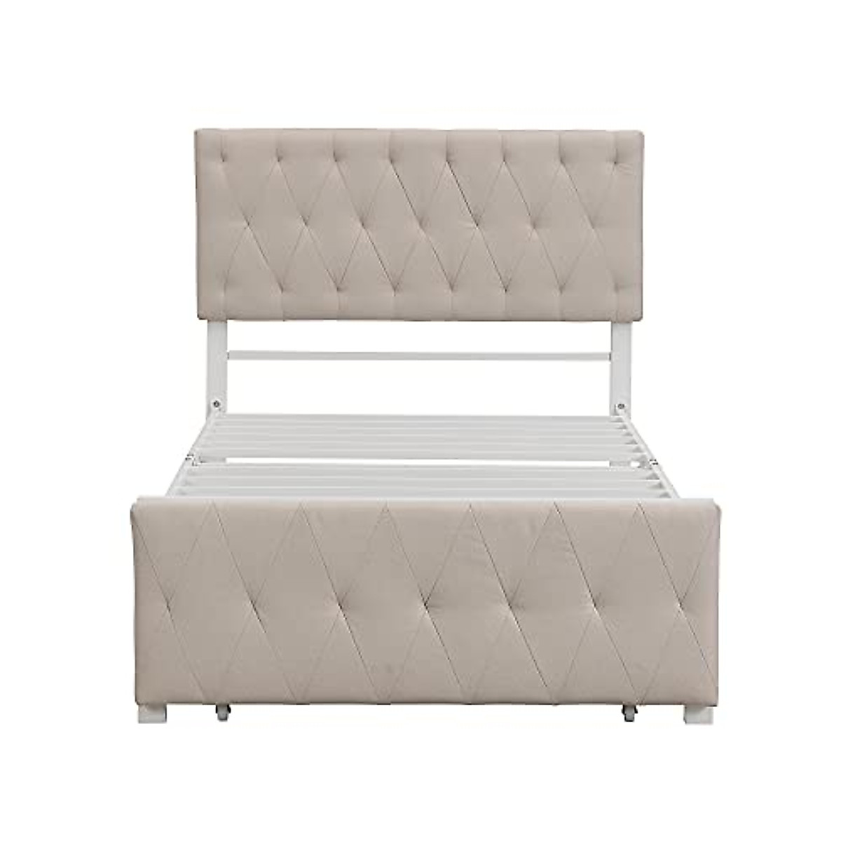 MERITLINE Twin Size Metal Bed, Twin Platform Bed Frame with Upholstered Headboard and Footboard, Metal Platform Bed with Drawer Storage No Box Spring Needed (Twin Size, Beige)