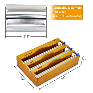 CRAKTH Bamboo Plastic Wrap Dispenser with Cutter, 3 in 1 Storage Organizer for Aluminum Foil & Cling Film & Parchment Paper