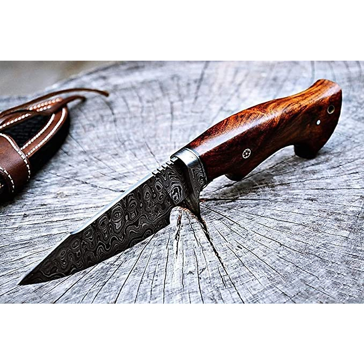 Winwo Custom Handmade Damascus Steel 10" Hunting Knife, With Walnut Wood Handle, Bushcraft Knife Survival Knife, Fixed Blade Knife & Camping Knives for Woodworking, Marking