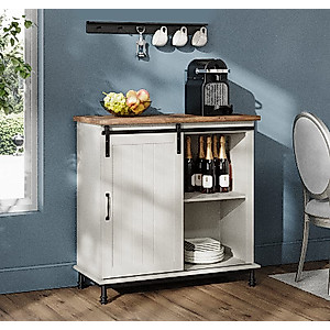 WAMPAT Multifunctional Storage Cabinet with Sliding Barn Door,LED Decorative Farmhouse Buffet Cabinet Coffee Bar Cabinet Accent Cabinet Entryway Storage Table for Living Room,Kitchen,70'',Cream White