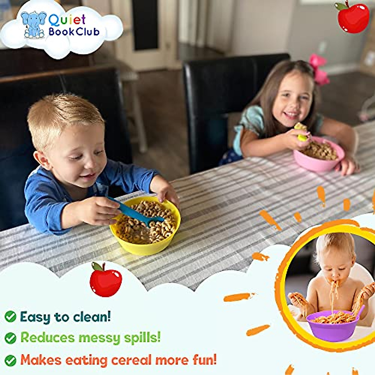 Quiet Book Club Cereal Bowls with Straws for Kids Bowls with Straw for Cereal Childrens Bowls with Straw Built in for Kids Plastic Straw Bowls for Toddlers Dishwasher Safe BPA FREE Boys (4)