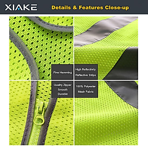 XIAKE 4 Pockets High Visibility Reflective Safety Vest Mesh Lite Zipper Front, Meets ANSI/ISEA Standards(Large,Yellow)