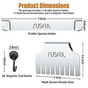 RUSFOL 3-in-1 Stainless Steel Griddle Spatula Holder with Mesh Screen Grease Gate and 3 Magnetic Hooks for 28"/36" Blackstone Griddles, Flat Top Griddle BBQ Accessories, Free from Drill&Easy Install