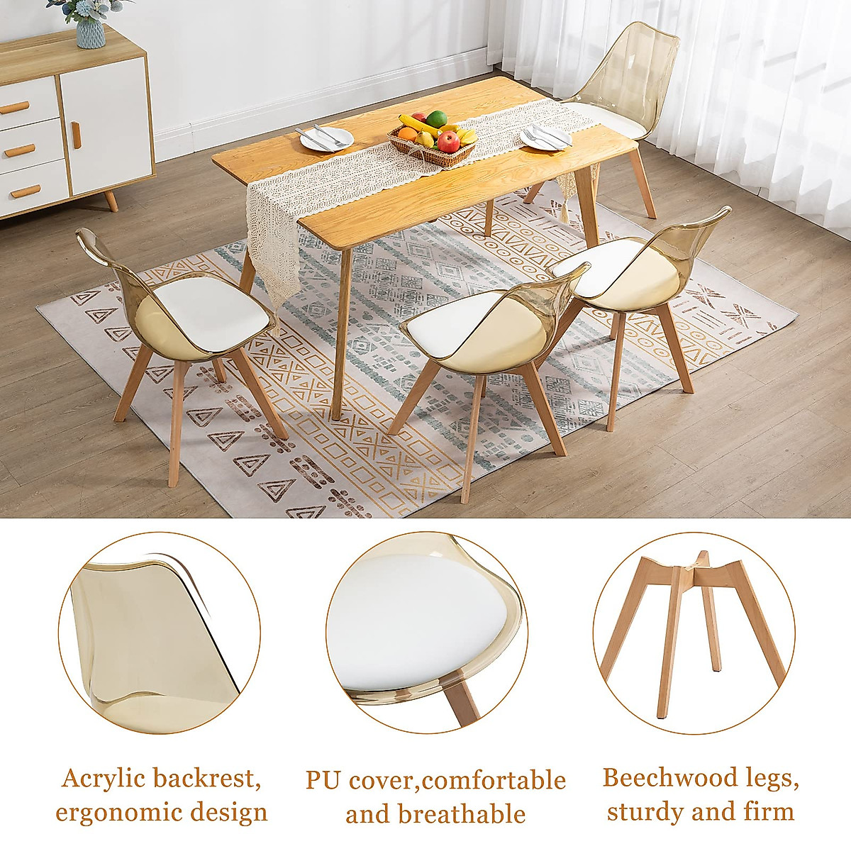 ANOUR Dining Chairs Set of 4, Modern Kitchen Clear Acrylic Accent Dinner Chairs with PU Leather Cushions Seat and Solid Beech Legs, Suitable for Living Room and Bedroom