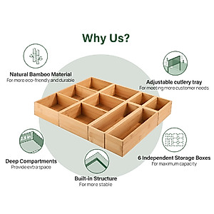 Kootek 6 Pcs Bamboo Drawer Organizer Utensil Tray Kitchen Storage Box 3-Size Versatile Dividers Cutlery Holders Bins Containers for Flatware Kitchen Utensils