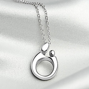 Sterling Silver Necklace Polished Mother and Child Family Love Pendant Necklace 18''