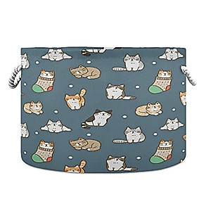 Kigai Cotton Rope Basket Cartoon Cat Collapsible Baby Laundry Basket with handles Blanket Basket Kids Toy Storage Basket for Shelf Organizer Home Decor