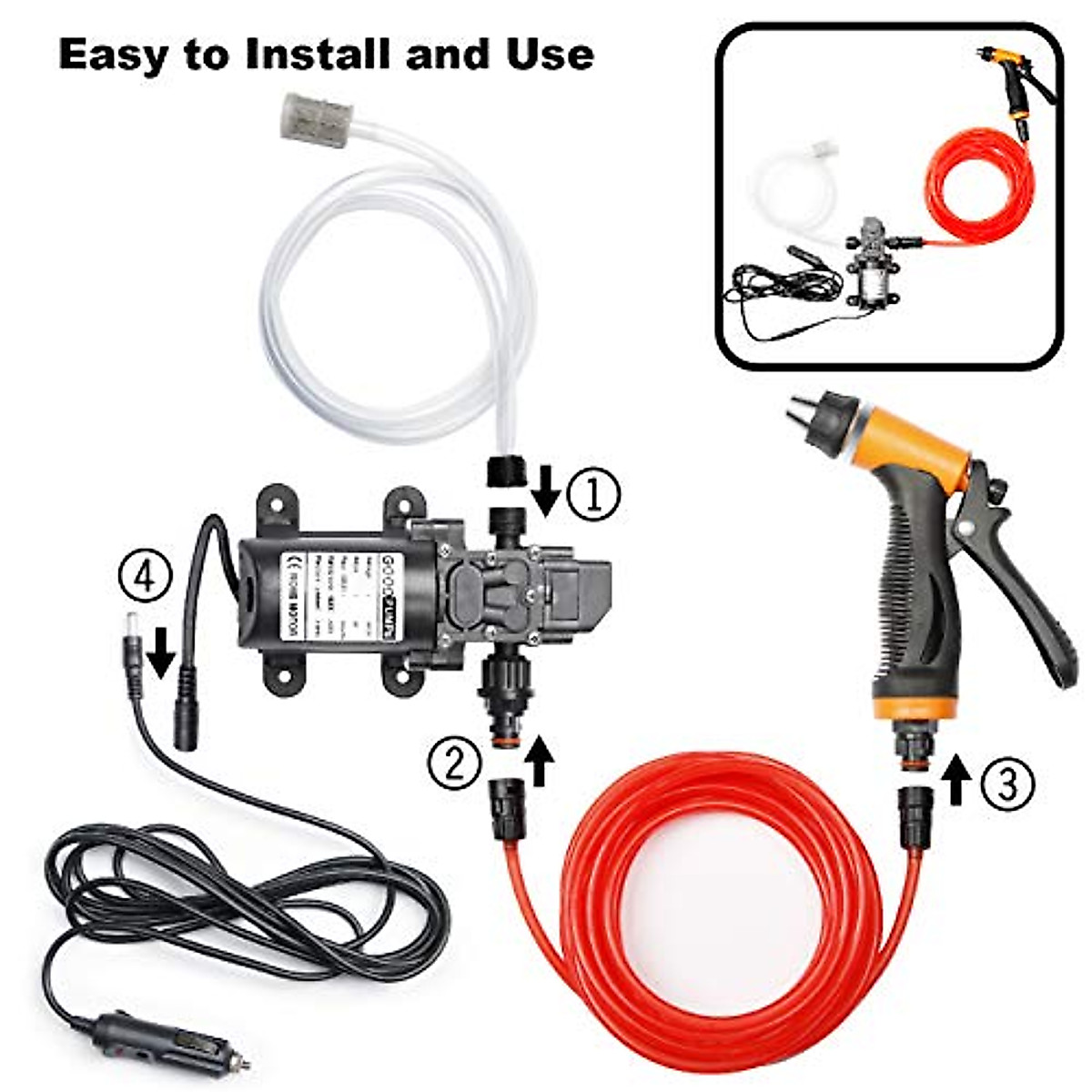 Bang4buck Portable Intelligent Electric Pressure Washer Pump 100W 160 PSI 12V Portable Pressure Powerful Washing Kit with 21.3 Feet PVC Hose for Home, Car, Garden, Projects(100 W-Black Hose)