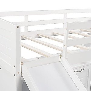 Harper & Bright Designs Twin Low Loft Bed with Slide and Storage, Solid Wood Low Loft Bed Frame with Storage Cabinets and Shelves, for Kids Teens Girls Boys (Twin Size, White)