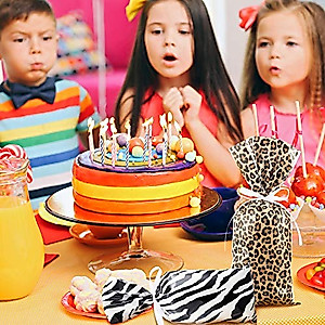 100 Pieces Leopard and Zebra Print Cellophane Bags Animal Print Party Supplies Bags Sealable Treat Bags with a Roll of White Ribbon for Chocolate Candy Snacks Cookies Zoo or Jungle Party