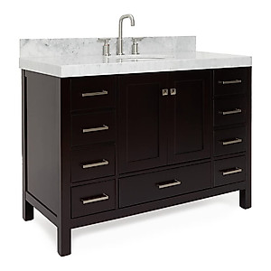 ARIEL Bathroom Vanity 48" Espresso with 2" Edge Italian Carrara Marble Countertop & Backsplash, Center Oval Sink, 2 Soft Closing Doors, 9 Full Extension Dovetail Drawers, Brushed Nickel