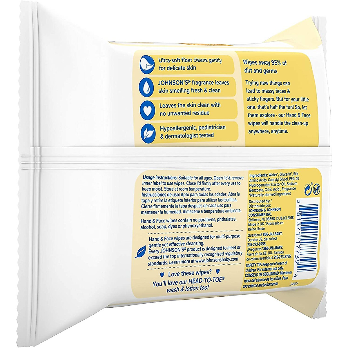 Johnson's Hand & Face Baby Wipes, 25 Count (Pack of 6)