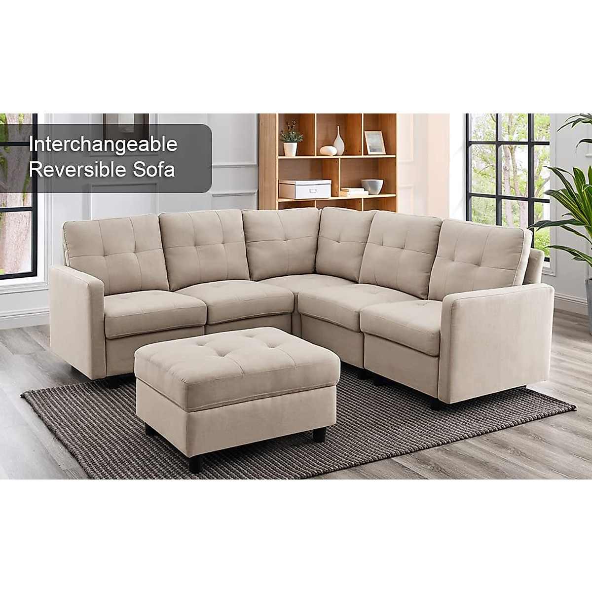 Ouchtek 5-Pieces Modular Sectional Sofas, Comfy L Shape Sofa Couch for Living Room Small Space Linen Fabric Furniture Sets Modern Apartment Sofa Without Ottoman, Light Grey