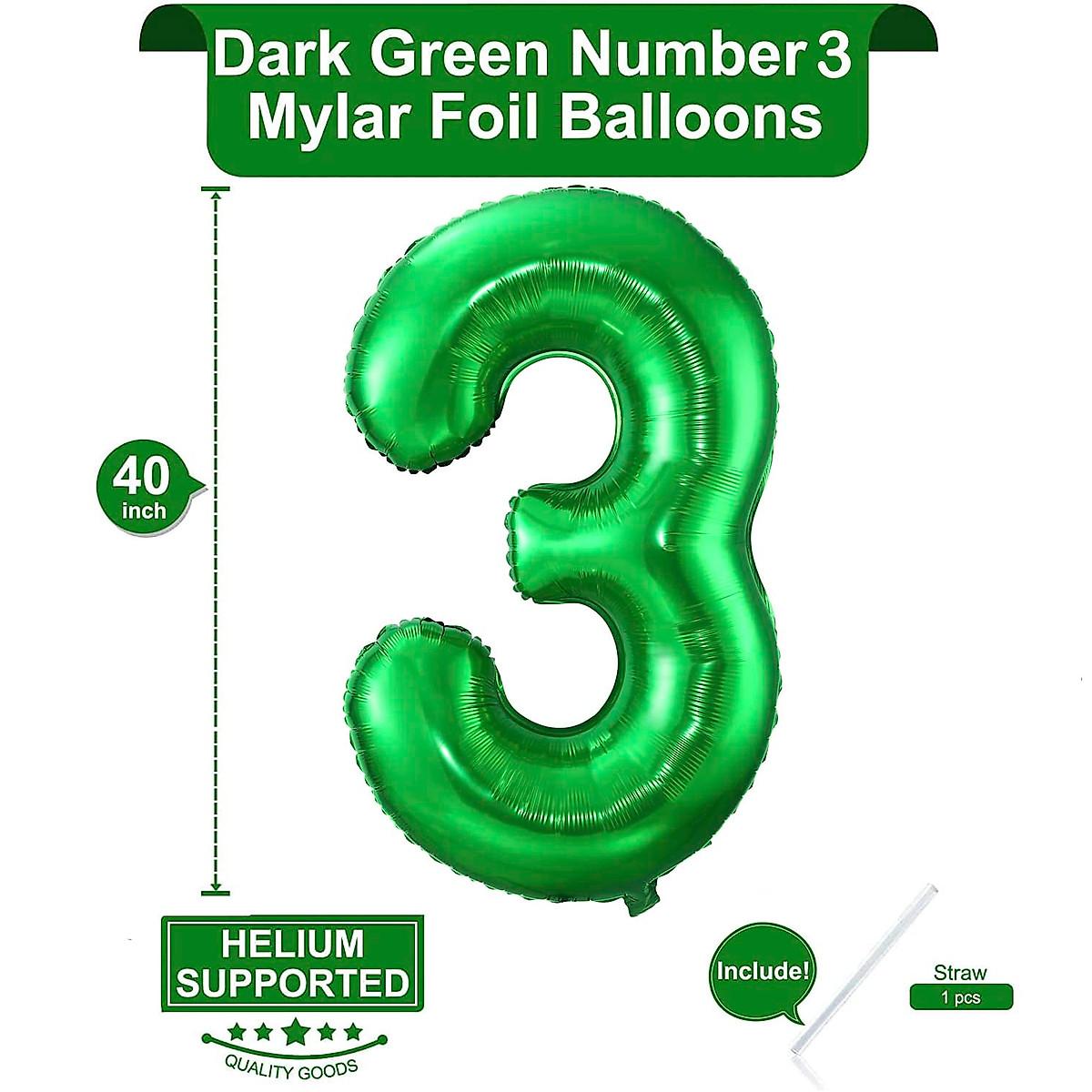Dark Green Number 3 Balloon,40 Inch Green 3 Balloon Number,Large Mylar Foil Helium Number 3 Balloons for Birthday Party Celebration Decorations Graduations Anniversary