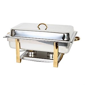 TrueCraftware 8 Qt. Full Size Stainless Steel Oblong Chafing Dish Gold Accent Complete Set- Chafers and Buffet Warmer Sets for Catering Event Party Holiday Buffet Weddings Catering