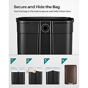 SONGMICS 13 Gallon Trash Can, Stainless Steel Kitchen Garbage Can, Recycling or Waste Bin, Soft Close, Step-On Pedal, Removable Inner Bucket, Brown ULTB50BR