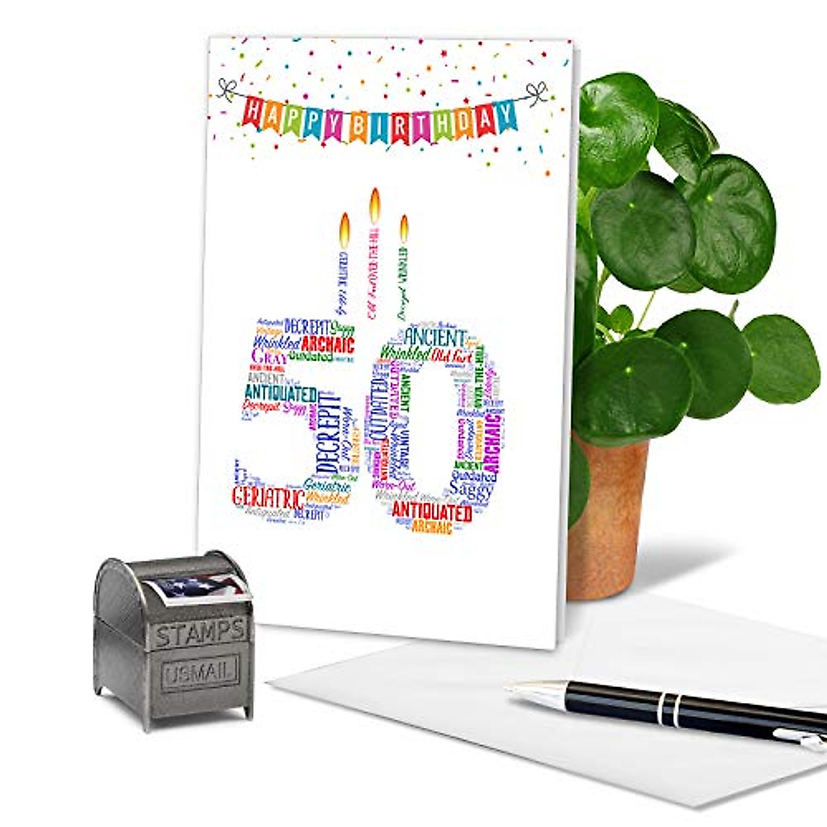 NobleWorks - 50th Funny Card for Birthday - Milestone Bday of 50 Years, Celebrate and Congrats Notecard with Envelope - Word Cloud 50 C3249MBG
