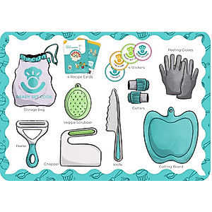 Tovla Jr Kids Montessori Cooking Tools Set - Kid Safe Kitchen Knives Gift Set - Childrens' Knife, Toddler Chopper, Vegetable Peeler ,Gloves,Cutting Board, Recipes and More