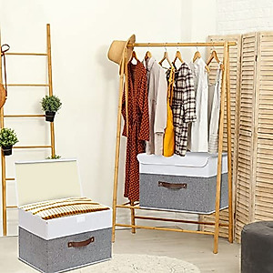 Yawinhe Collapsible Storage Boxes 1 Pack, Linen Fabric Storage Baskets Washable, with Lids and Leather Handle, for Home Bedroom Closet Office, (White/Grey, 15.0x9.8x9.8in), USNK024WGL-1