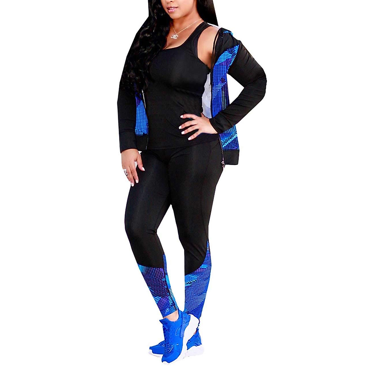 Akmipoem Autumn Long Sleeve 2 Piece Outfit Full Zip Up Jacket+Skinny Pants Set for Young Ladies Blue L