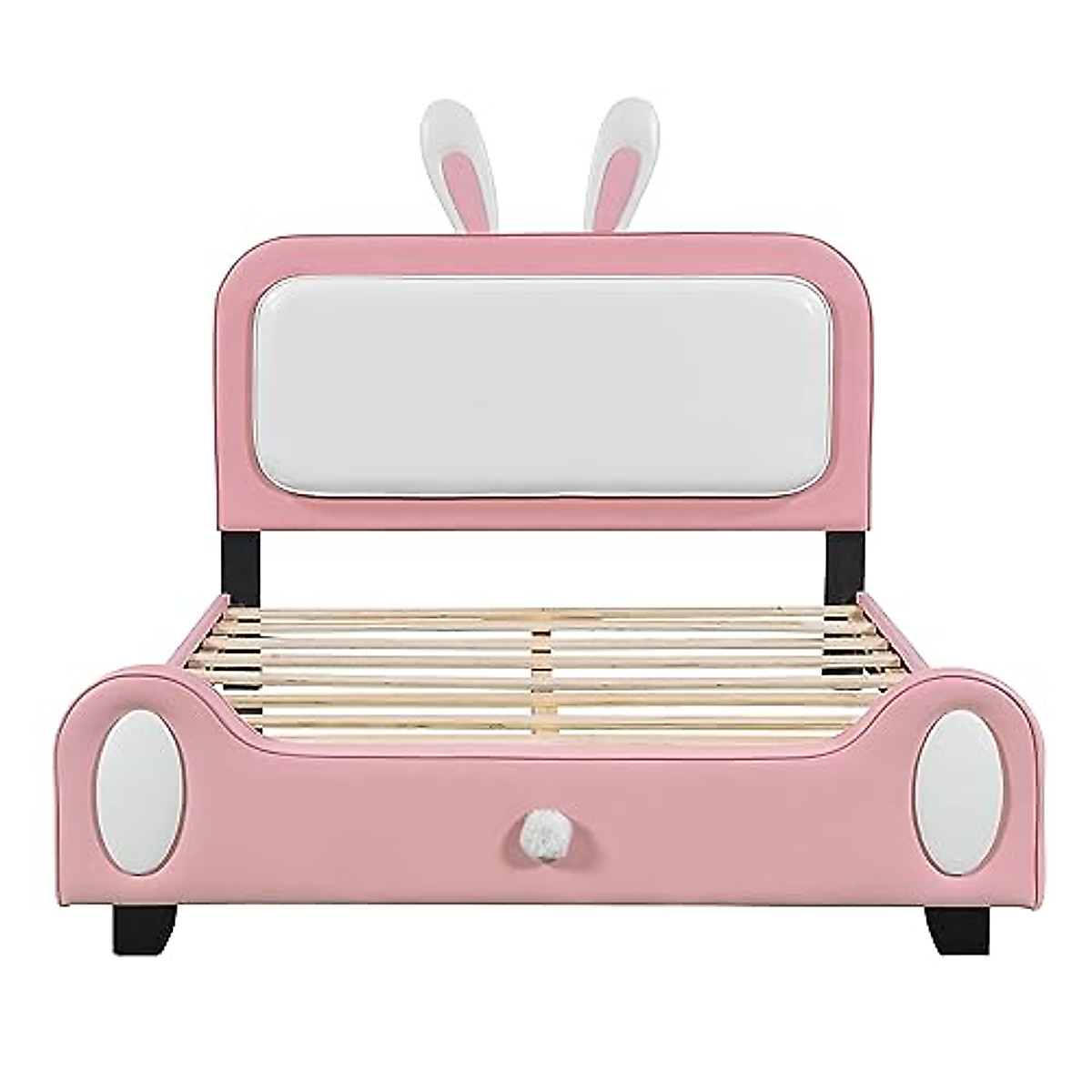 YSWH Full Size Upholstered Rabbit Shaped Princess Bed, Wood Platform Bed Frame with Bunny Ears Headboard and Bunny Tail Footboard, Kids Bedroom Furniture Fun Cute Rabbit Bed Pink Bed