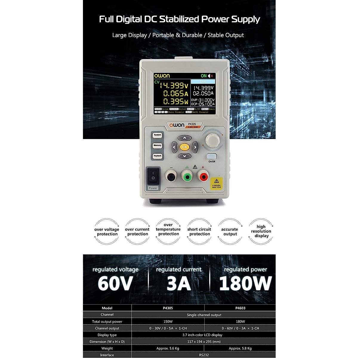 LILLIPUT OWON P4305 Single Channel 150W Maximum Output 0-30V / 0-5A Output 1mV/1mA Linear DC Power Supply