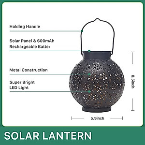 2 Pack Solar Lanterns Outdoor Waterproof Hanging Metal LED Decorative for Patio Garden Courtyard Lawn and Tabletop，Black