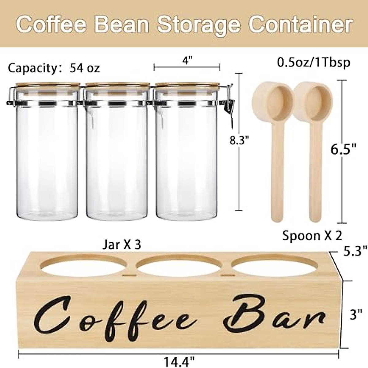 Liengoron 3x54oz Glass Coffee Bean Storage Container with Shelf 3PCS Glass Coffee Containers with Airtight Locking Clamp Lid Spoons Coffee Canister Set Jars for Kitchen Food Storage Tea Sugar,Wood