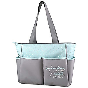 Baby Essentials Diaper Bag Tote 5 Piece Set with Sun, Moon, and Stars, Wipes Pocket, Dirty Diaper Pouch, Changing Pad (Grey/Aqua)