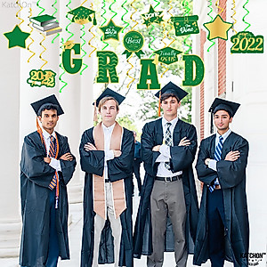 46 Pieces, XtraLarge Graduation Hanging Decorations - No DIY, Green Graduation Swirls | Glitter Congrats Grad Banner - 10 Feet | Green and Gold Graduation Decorations 2022 | Congratulations Banner