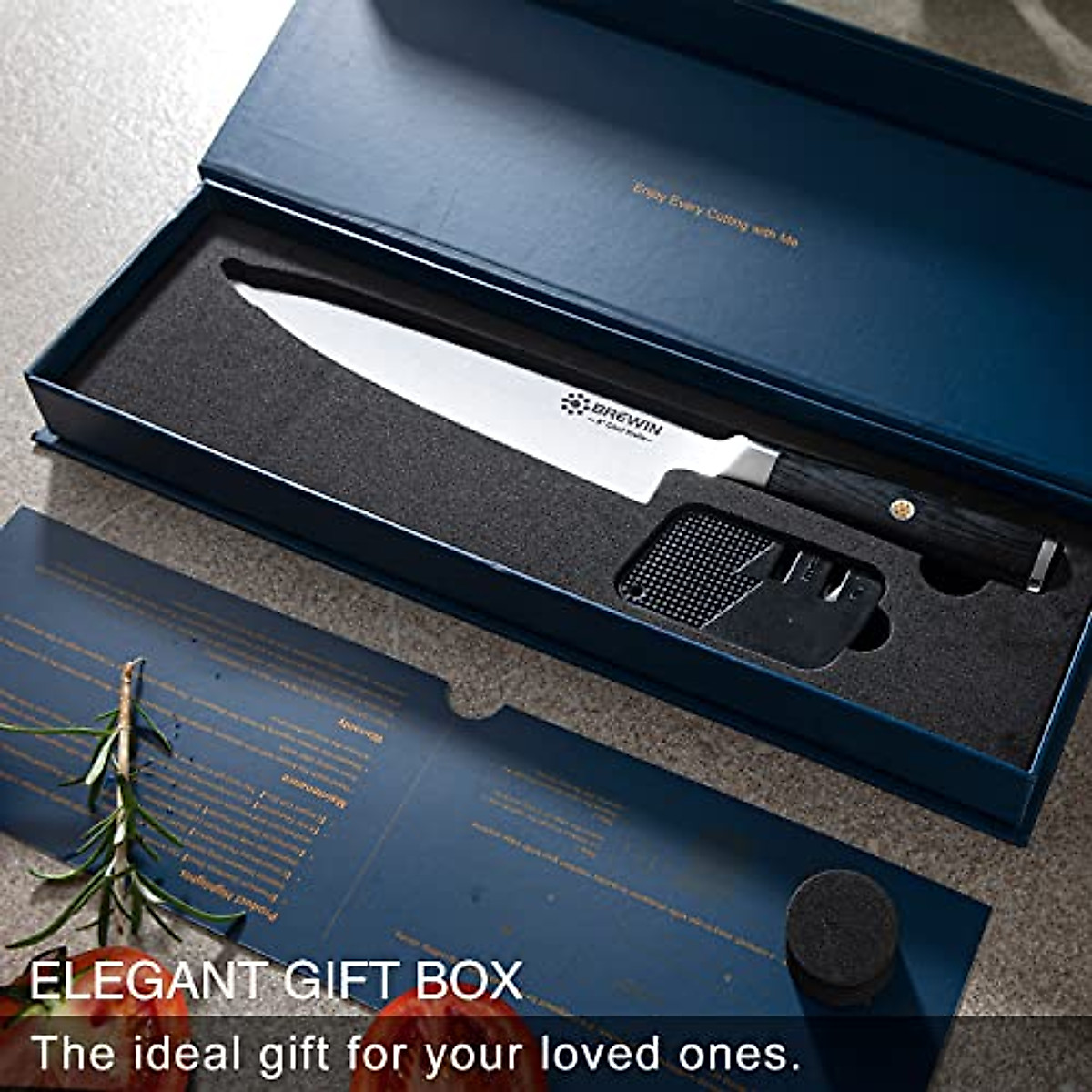 Brewin Japanese Chef knife 8 inch with Knife Sharpener,Professional Sharp Kitchen Knife with Elegant Black Pakkawood Handle High Carbon Stainless Steel Hand Forged Chef's Knives for Cooking Gift Box