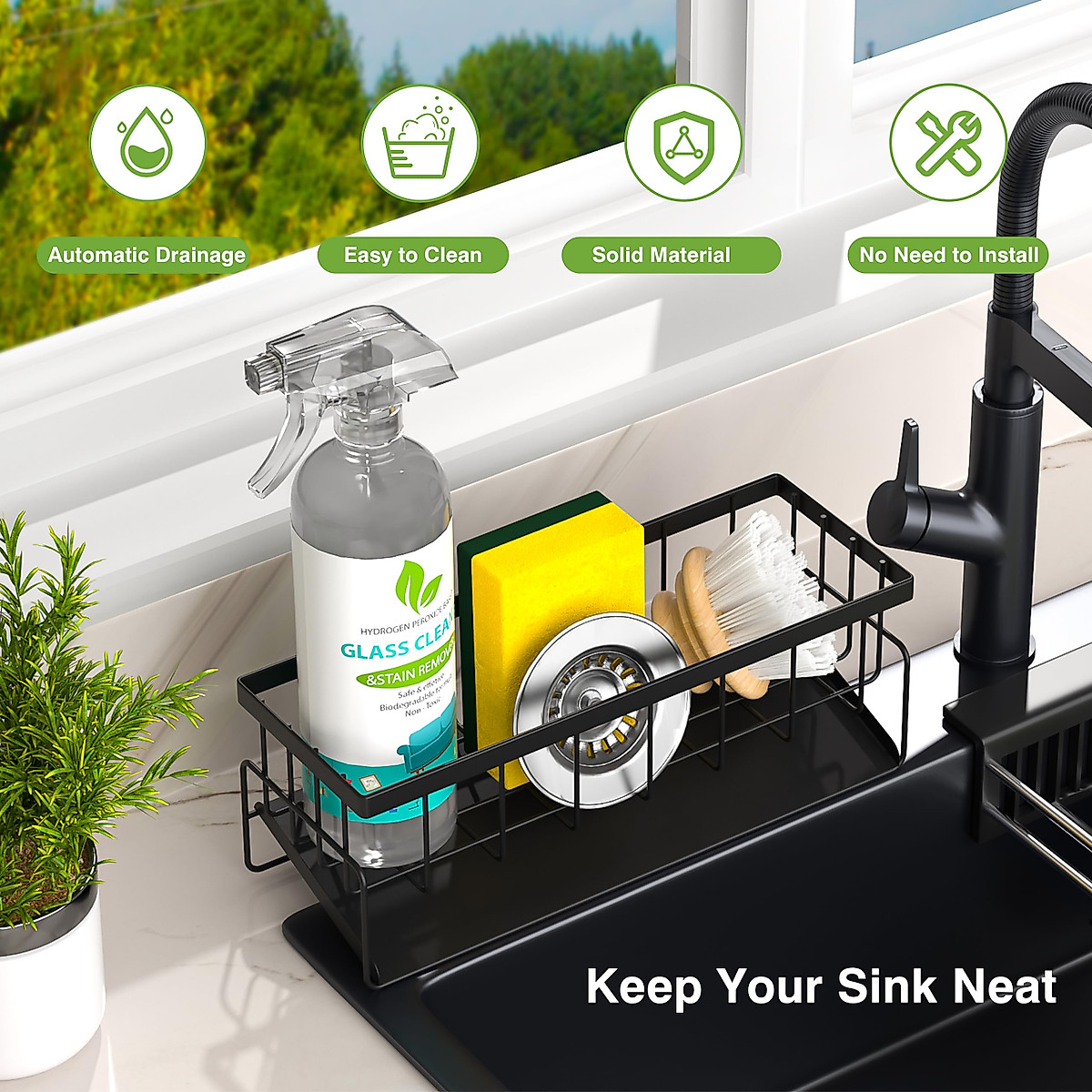 VANZBON Sink Caddy Sponge Holder for Kitchen Sink with Stainless Steel Self Drain Tray,Rustproof Kitchen Sink Organizer for Sponge,Soap Dispenser Storage Kitchen Accessories,Black