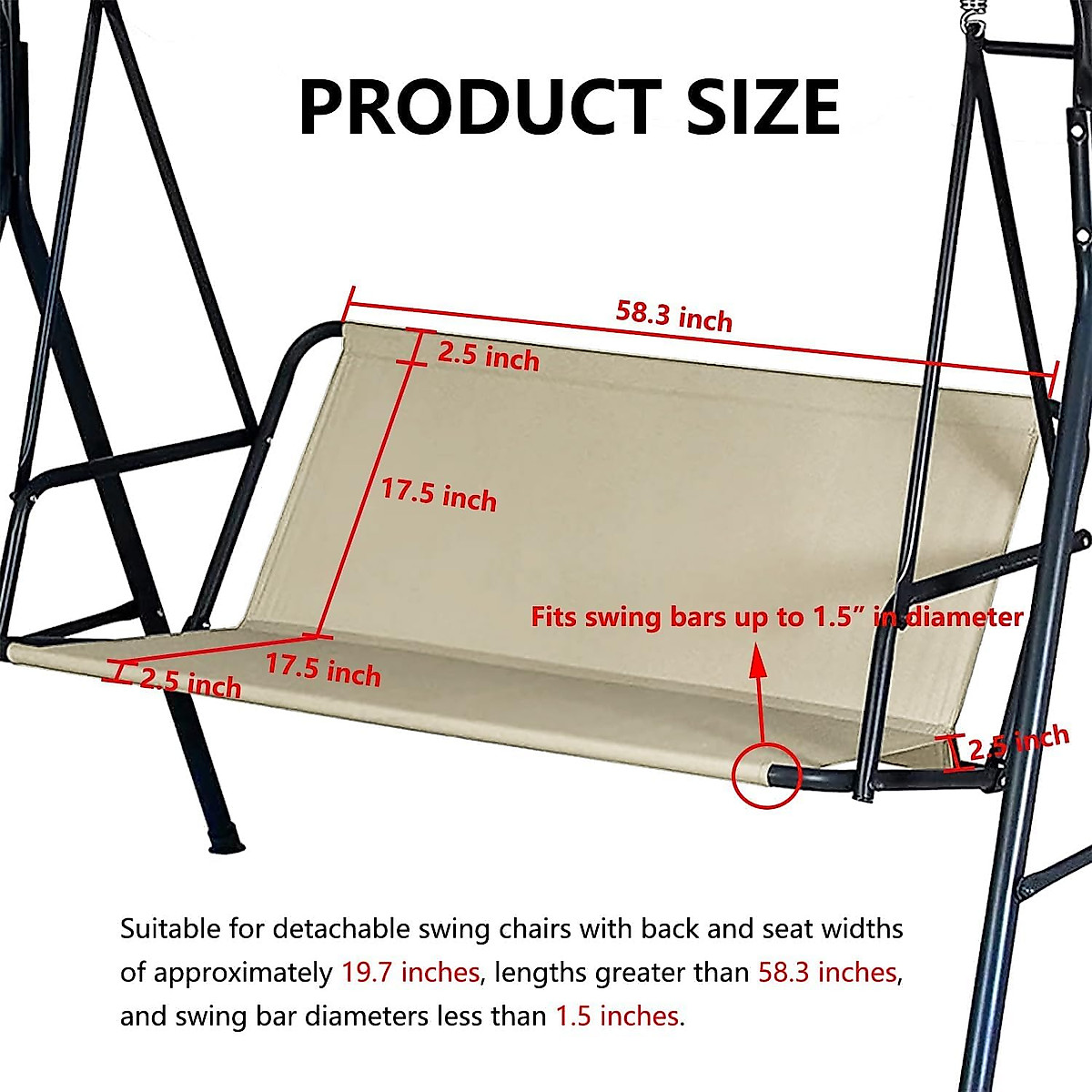 Titoy Swing Seat Replacement Swing Covers for Outdoor Patio Swing 3 Seater 600D Upgraded Thicken Oxford Waterproof Fabric Porch Swing Chair Cushion Covers (Khaki)