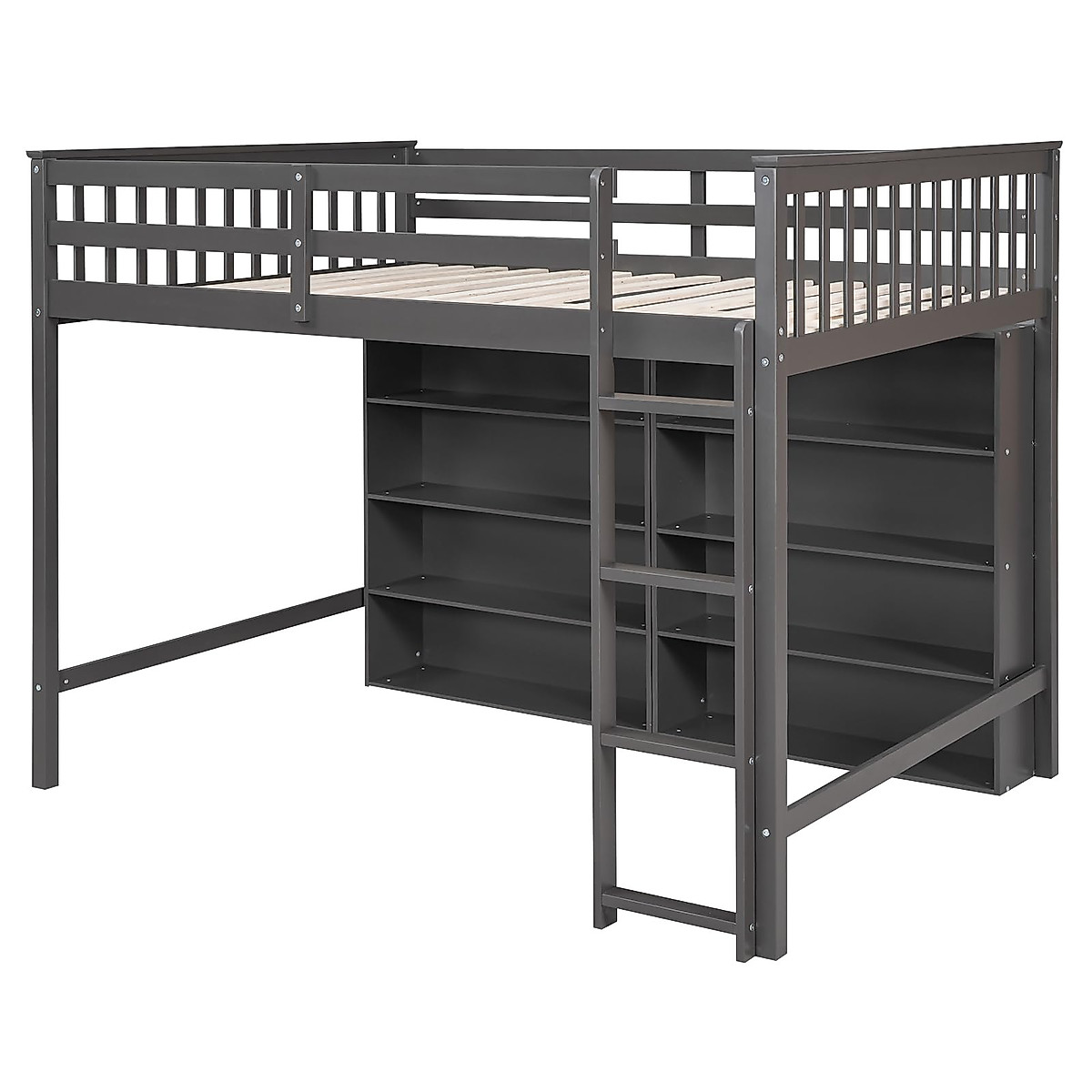 SOFTSEA Full Size Loft Bed with Storage, Solid Wood Loft Bed with Open Storage Shelves, Multi-Functional Loft Bed Frame with Ladder for Kids Boys Girls Teens, Gray