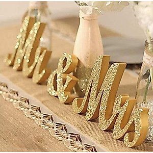 Mr and Mrs Signs Wedding Table Decorations, Wooden Freestanding Letters for Photo Props, Rustic Wedding Decoration, Anniversary Wedding Shower Gift (Golden)
