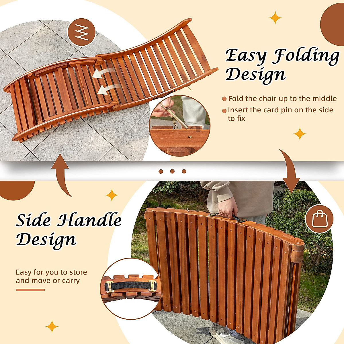 Flamaker Lounge Chairs for Outside Folding Acacia Wood Chaise Lounge with Side Handle Sun Lounger for Poolside, Lawn, Backyard (2 Piece)