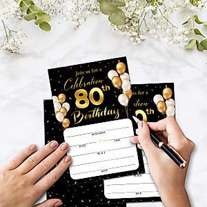 80th Birthday Invitation Cards with Envelopes - Classic Gold Theme Fill in The Blank Birthday Party Invite Cards, for Man, Woman Entertain Banquet Party Supplies, 20 Invites With Envelopes - B20